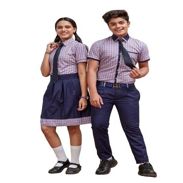 Unisex High School Uniform Set for Students Short Sleeve Plaid Shirt ...