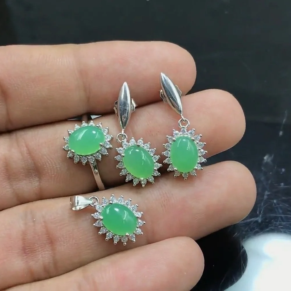 Natural Chrysoprase And Cz 925 Sterling Silver Oval Cabochon Gemstone Jewelry Set For Women From ...
