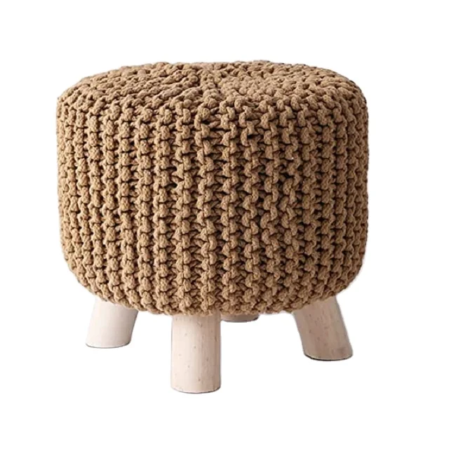 Luxury Style Macrame Wooden Yellow Foot Stool Indoor Outdoor Sitting ...