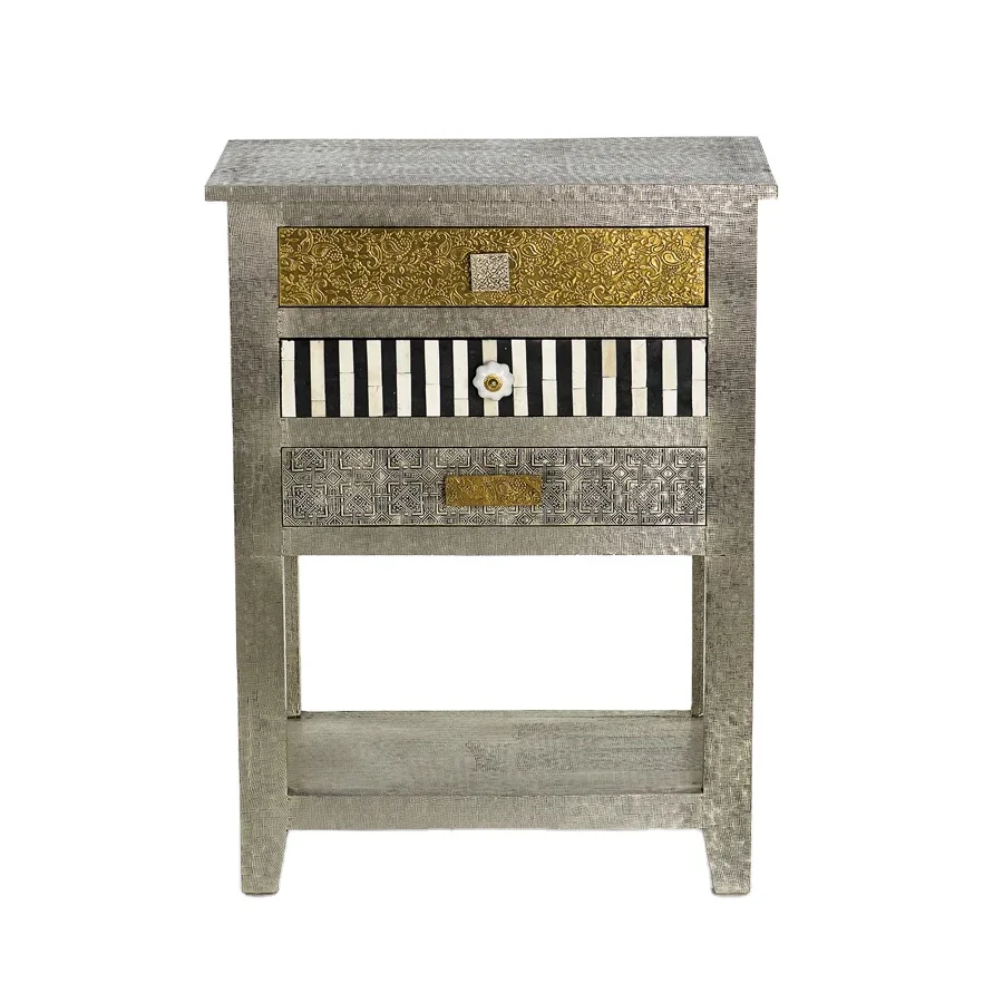 Maya Side Table With 3 Drawer In Mango Wood,Mdf,White Metal,Brass,Copper,Bone,Coconut Shell And ...