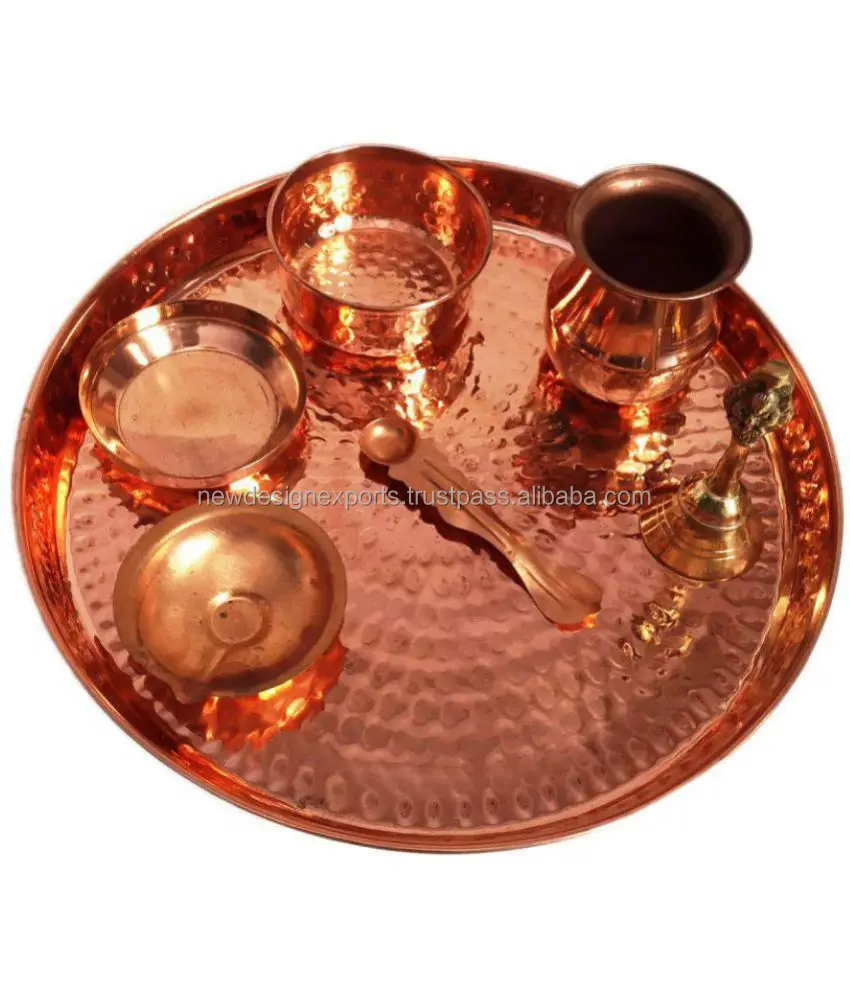 Copper Pooja Thali Set 7 Pieces Indian Occasional Gift Puja Thali 9.5 ...