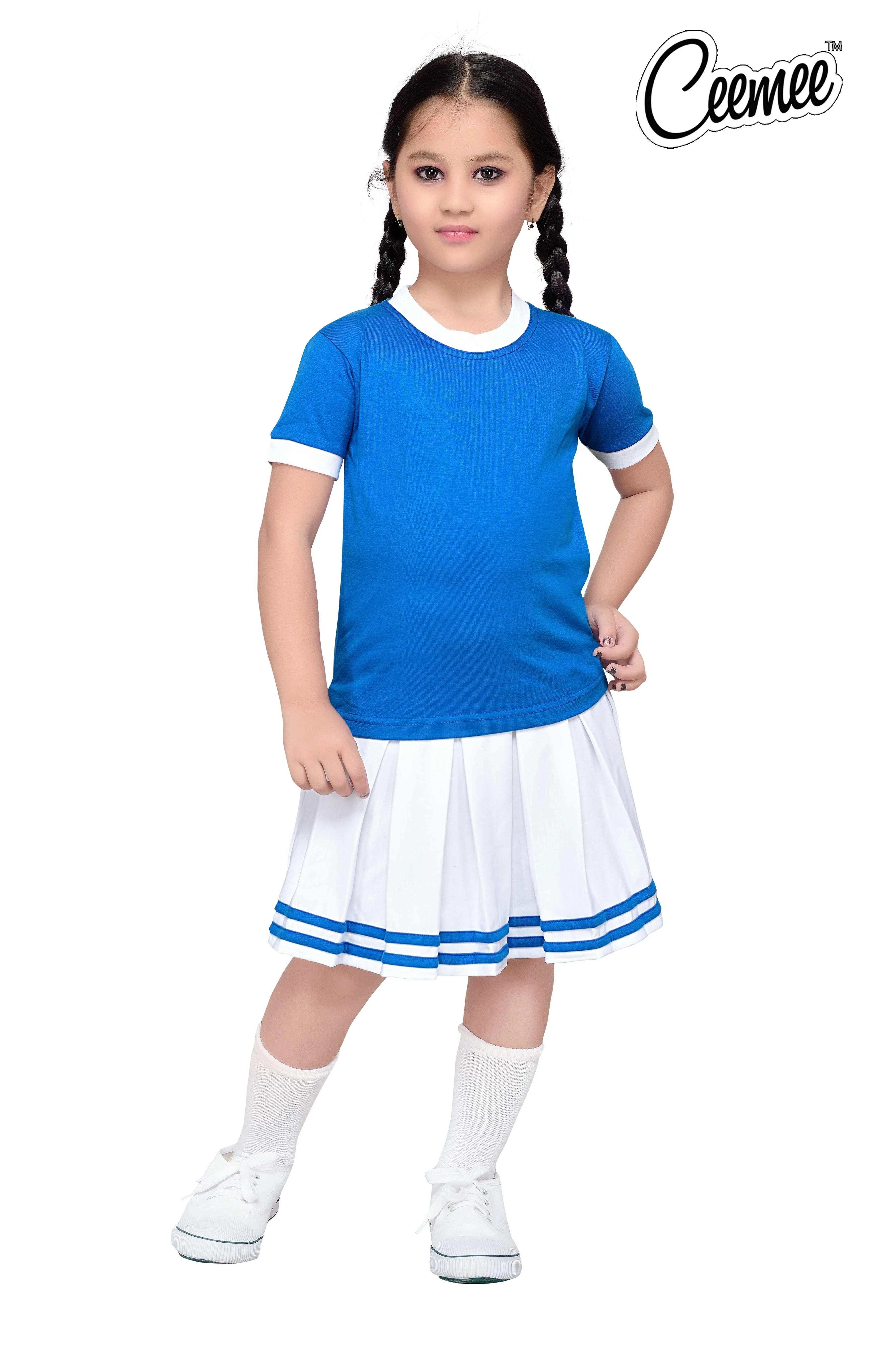 Customized Logo And Design Girls Round Neck T Shirts With Pleated Skirt ...