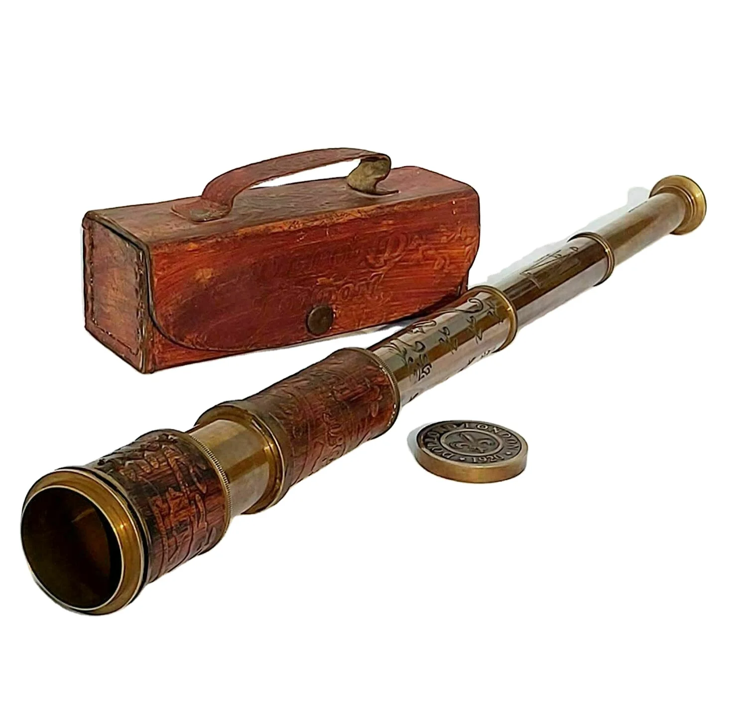 Antique Brass Telescope Marine Nautical Leather Pirate Spyglass Vintage ...