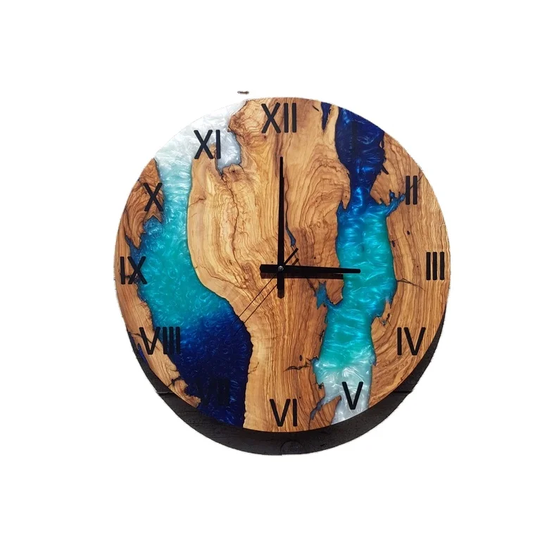 Blue Transparent Resin Wall Clock - Handmade Epoxy Resin & Wood Decor