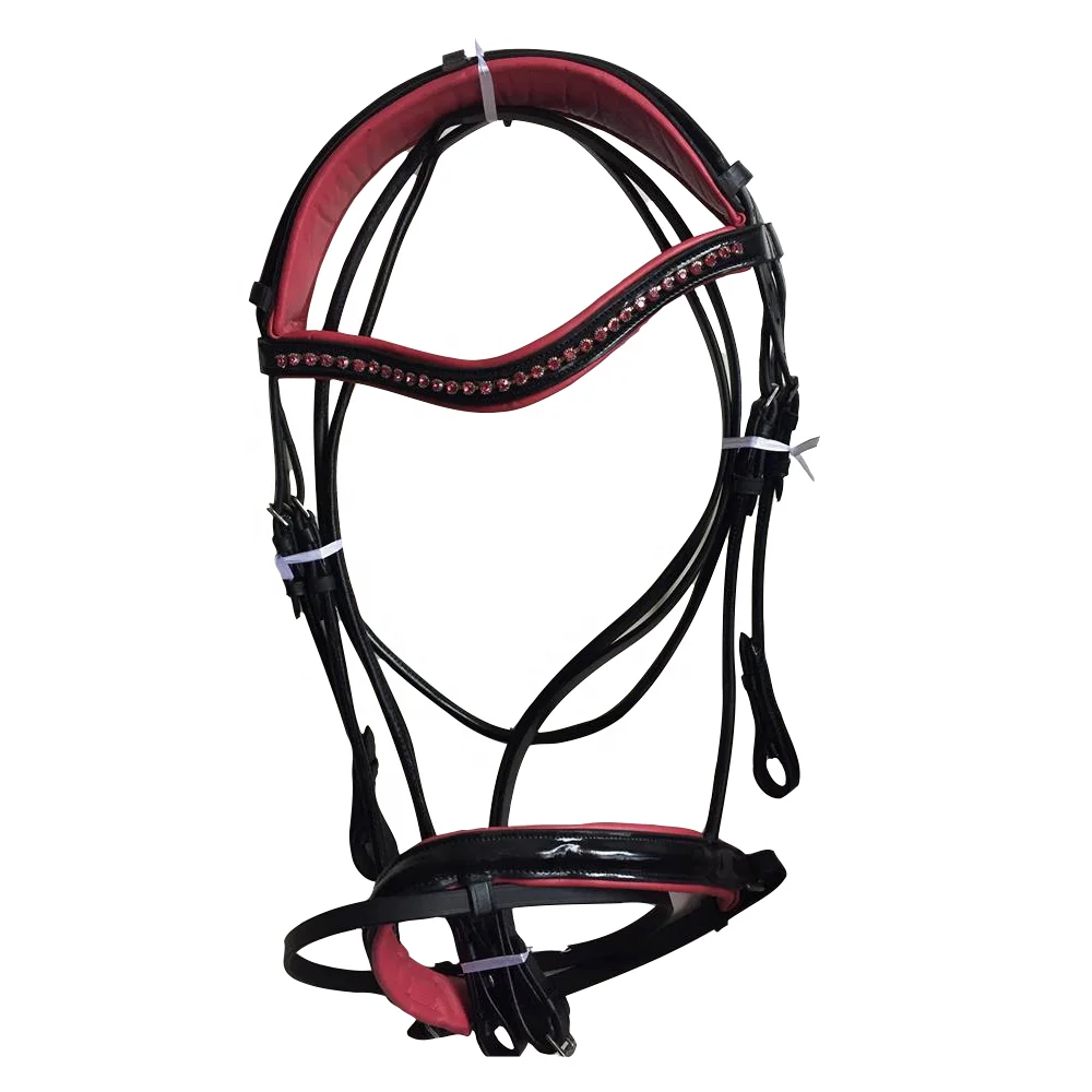 Red & Black Patent Leather Horse Dressage Bridle with Crystals