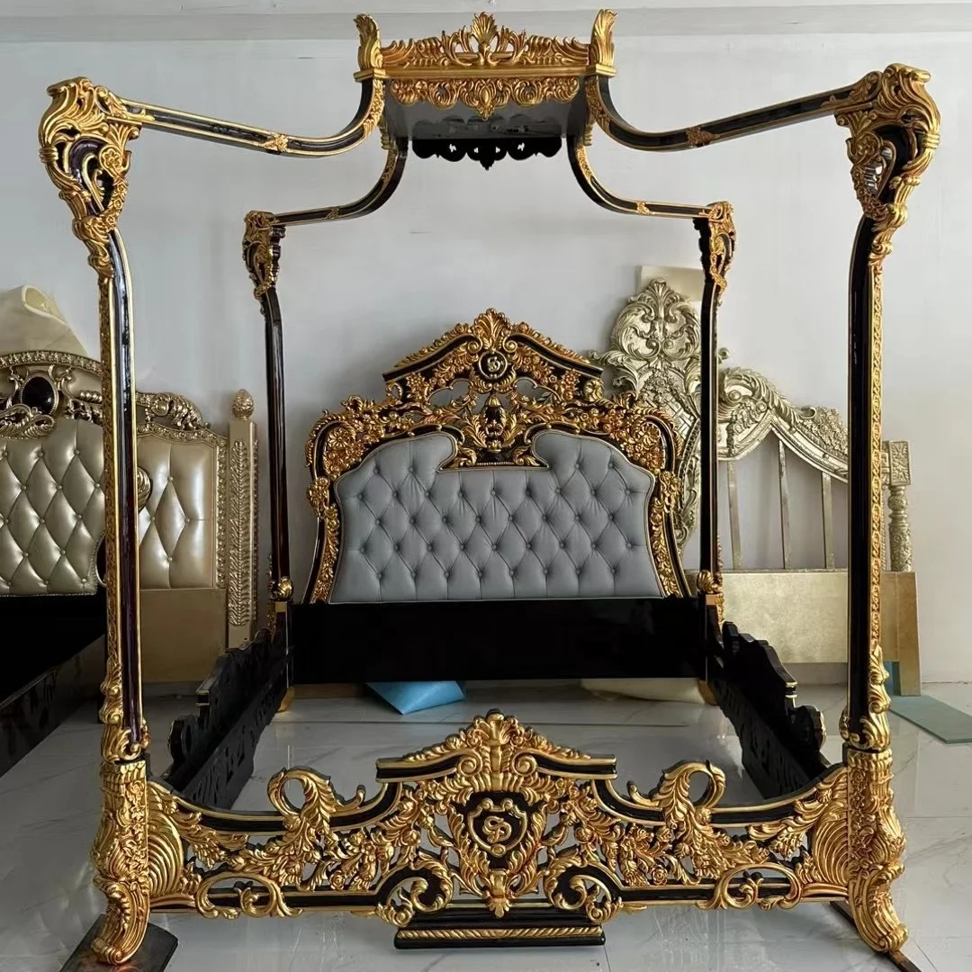 Handmade High Gloss Black Gold Carved Royal Luxury Bed