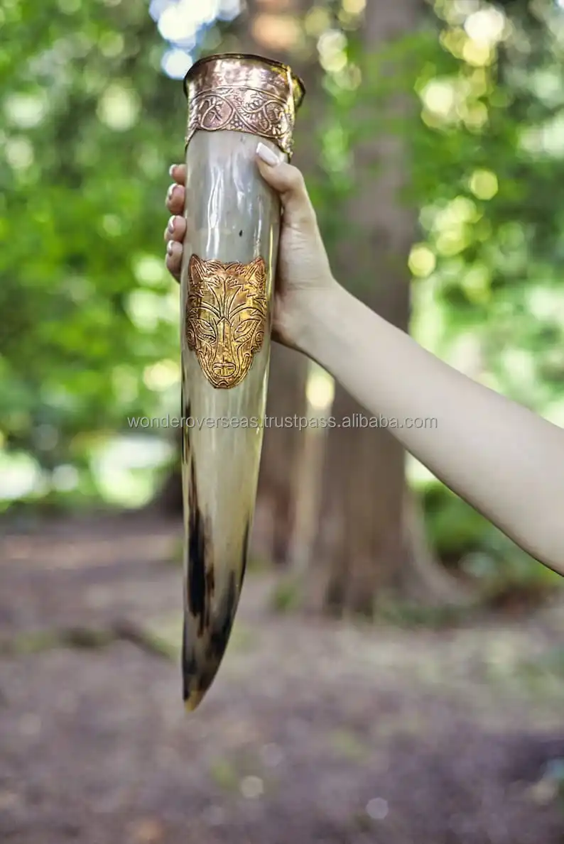 Genuine Ox-horn Viking Drinking Horn With Horn Stand & Brass Wolf ...