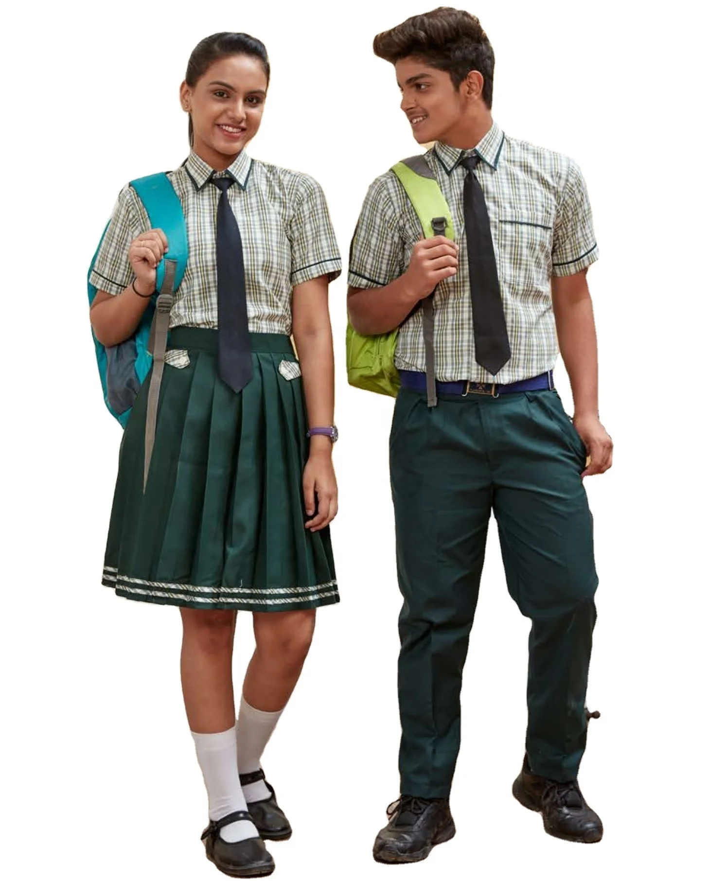 Unisex High School Uniform Set for Students Short Sleeve Plaid Shirt ...