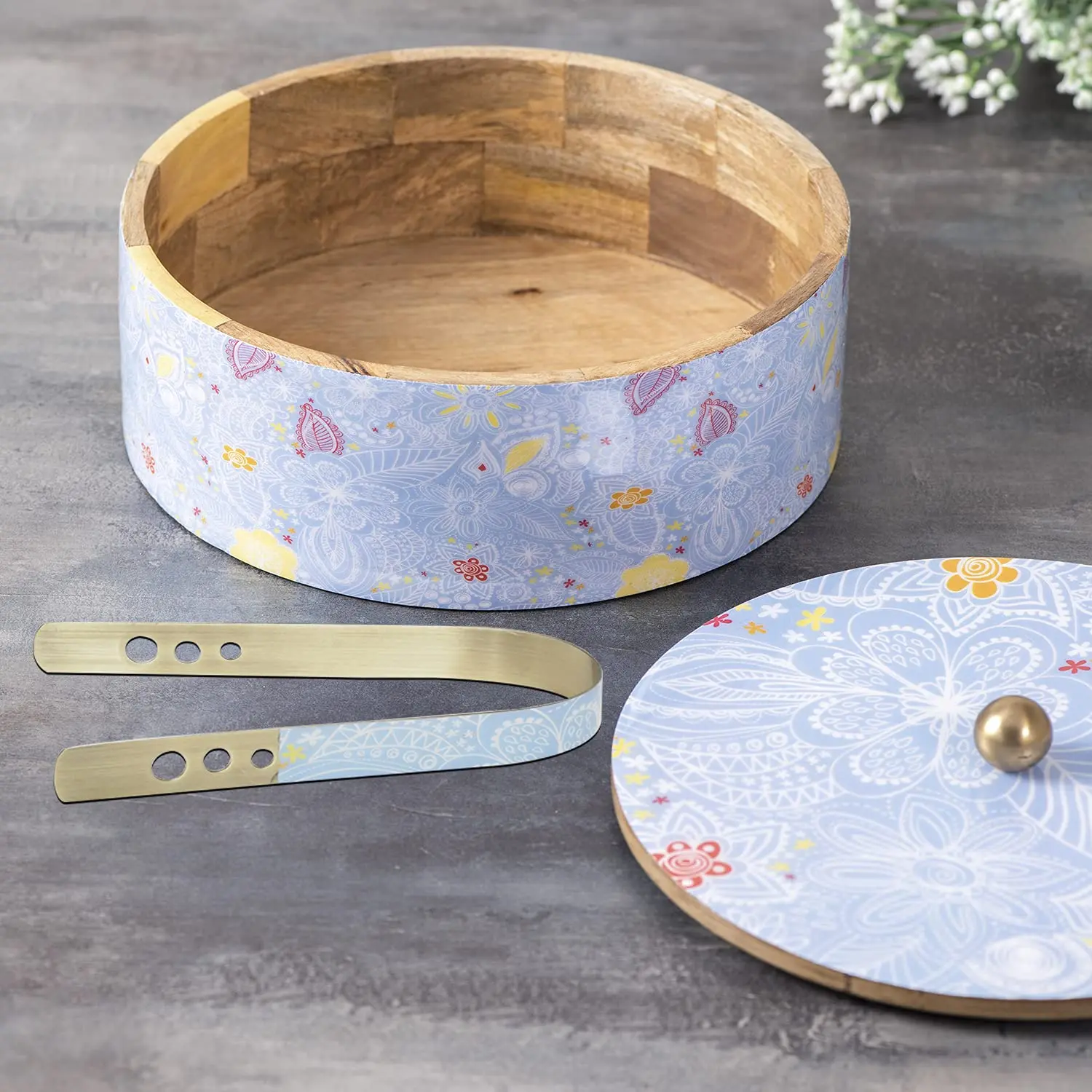 Round Wooden Chapati Box With Tong Traditional Design Handmade ...