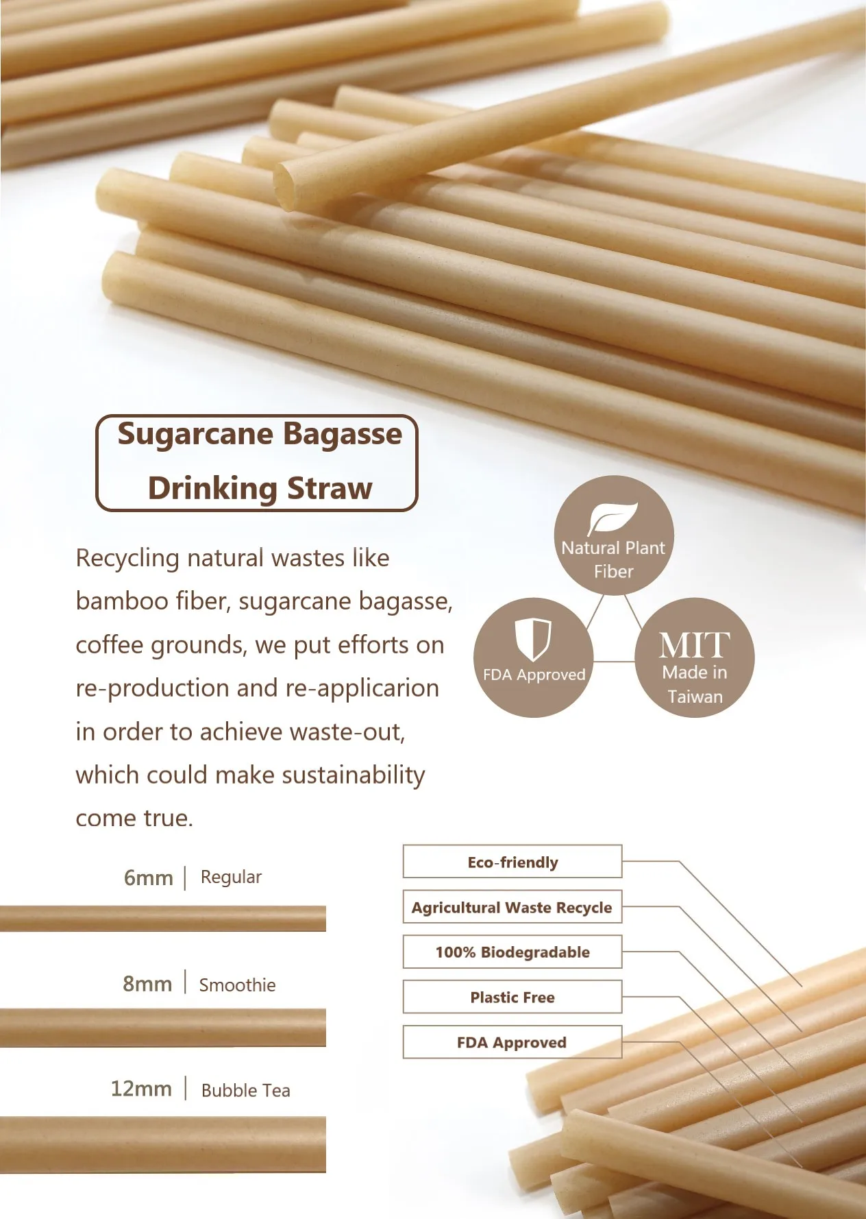 Taiwan Disposable Natural Sugarcane Fiber Drinking Straws - Buy Straw ...