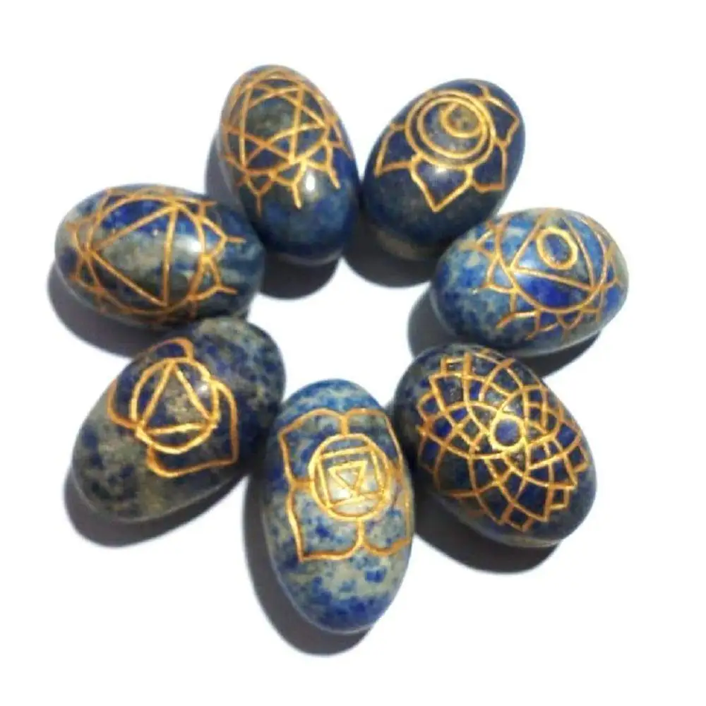 Lapis Lazuli Shiva Lingam Reiki Chakra Set,7 Piece Gold Engraved Chakra ...