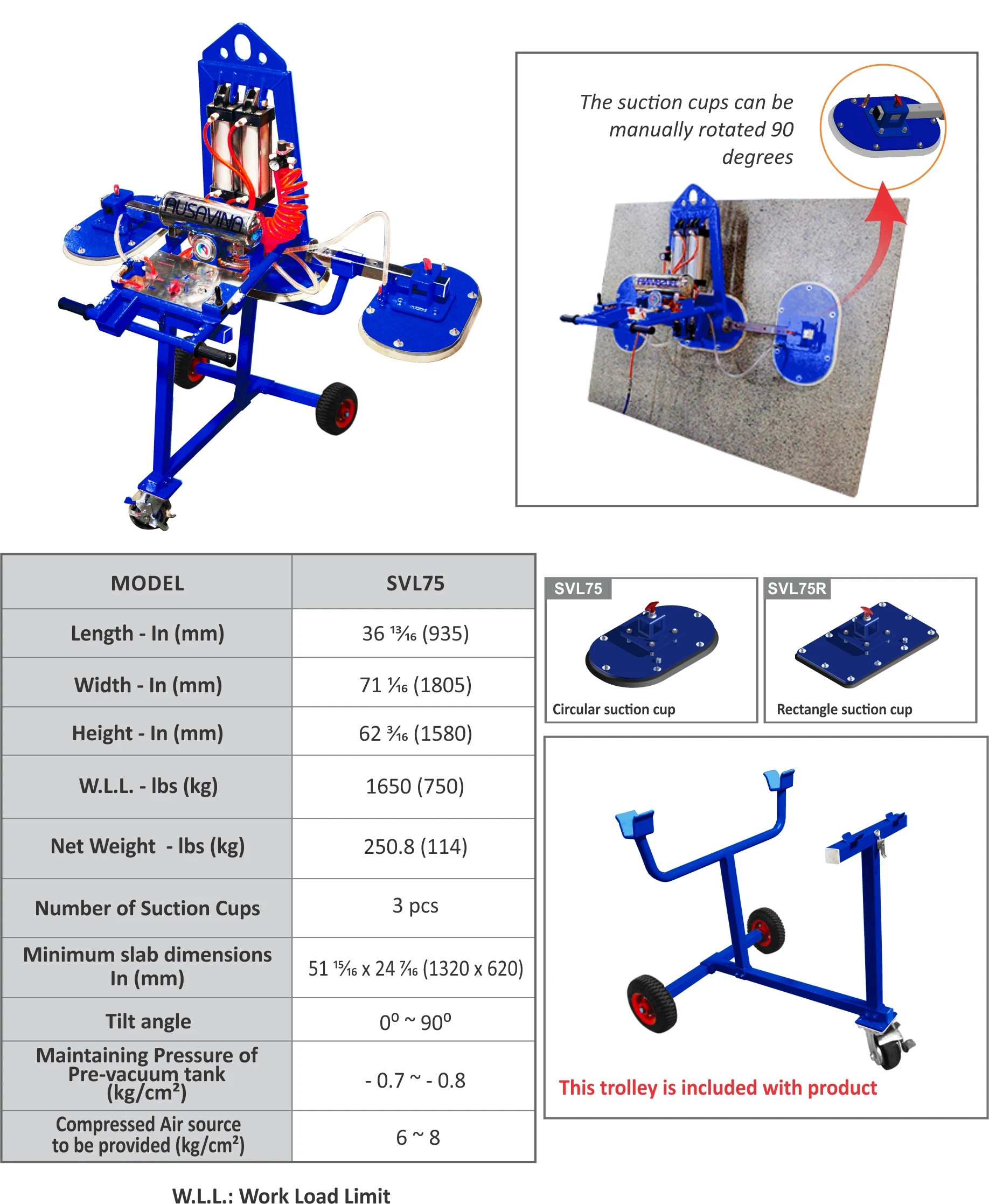 Ausavina Stone Vacuum Lifter With 3 Suction Cups Capacity Up To 750kg ...