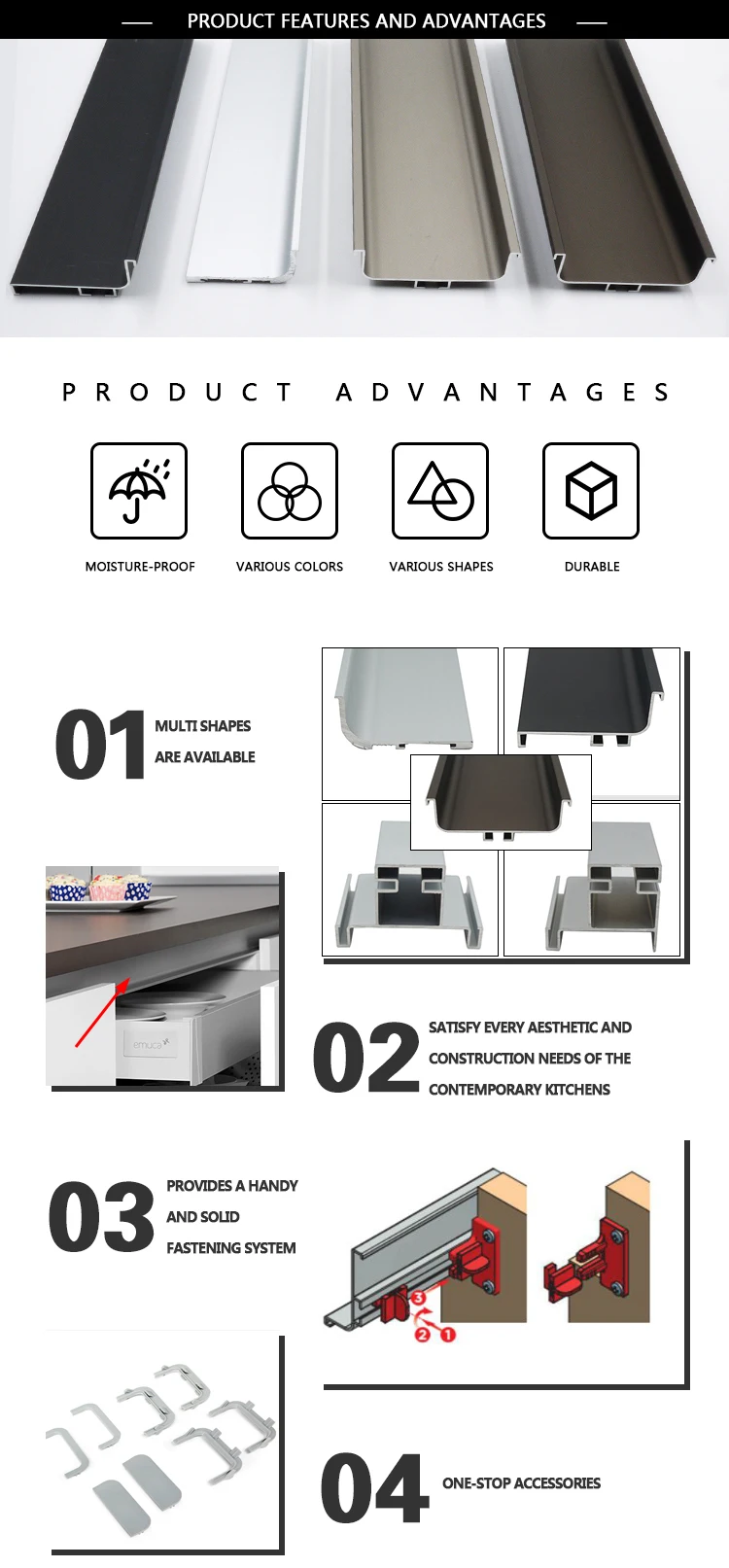 LENWA Aluminium Horizontal Channel Profile for Kitchen Handles