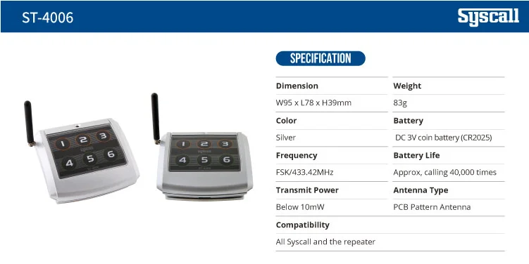 Syscall Wireless Calling System - Efficient Waiter Call Buttons