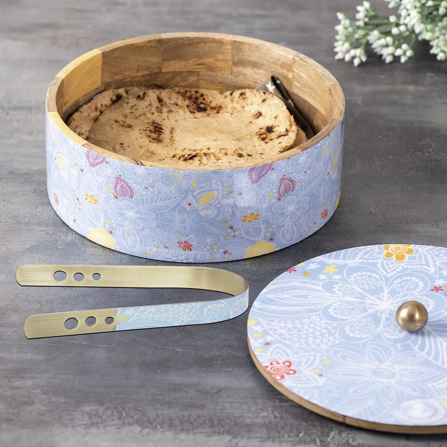 Round Wooden Chapati Box With Tong Traditional Design Handmade ...