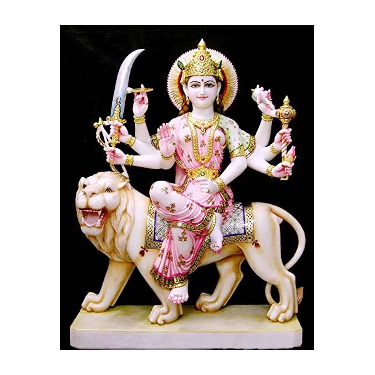 Handmade Natural White Marble Colorful Goddess Shera Wali Mata Sitting ...