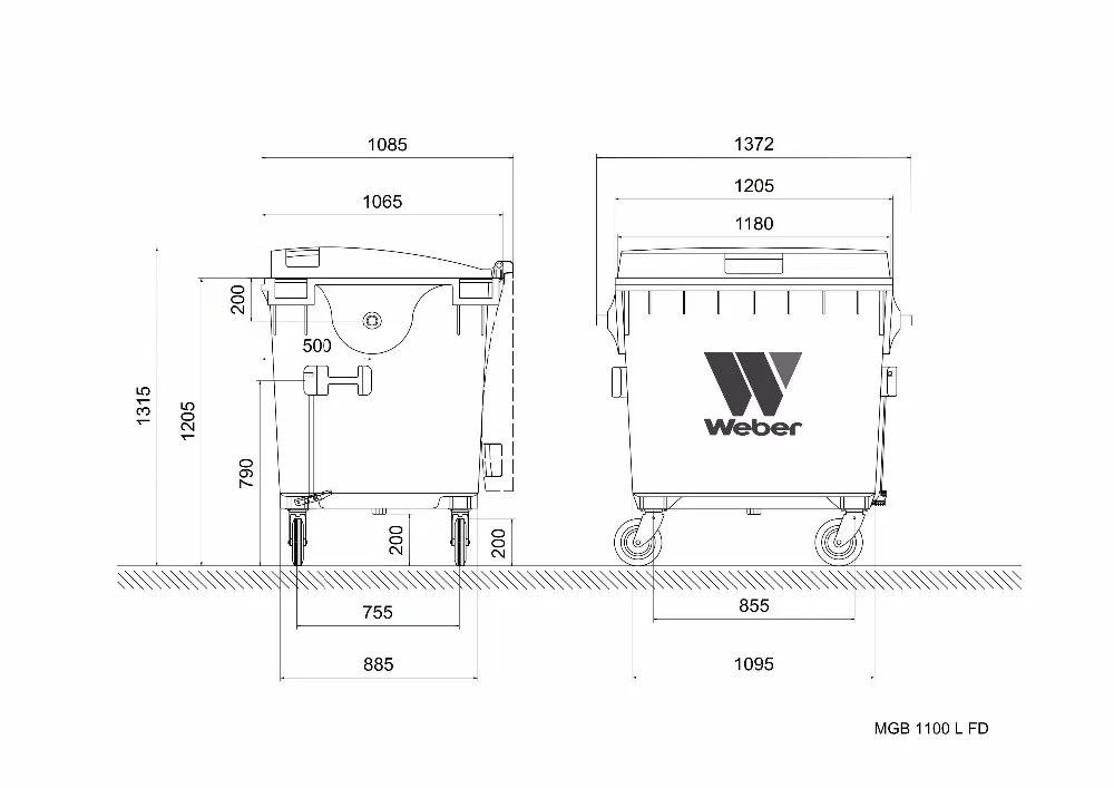 Mobile Waste Bin 1100 L / Flat Lid / Waste Container / 4 Wheeled ...