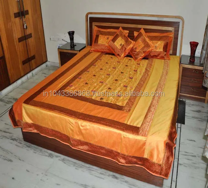 Indian Ethnic Brocade Silk Embroidered Bedspread With Pillow & Cushion ...