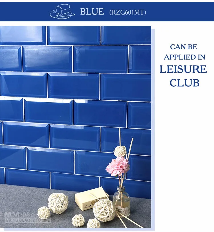 MM Mosaic Beveled Glass Subway Tile Blue for Shower & Kitchen