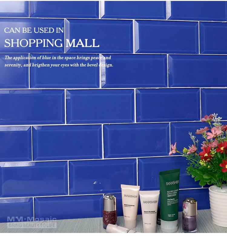 MM Mosaic Beveled Glass Subway Tile Blue for Shower & Kitchen