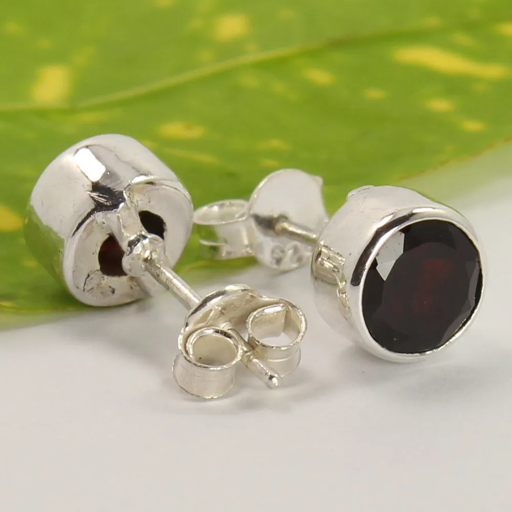 Garnet Studs Earrings 6 Mm Round Faceted Stone 925 Sterling Silver ...