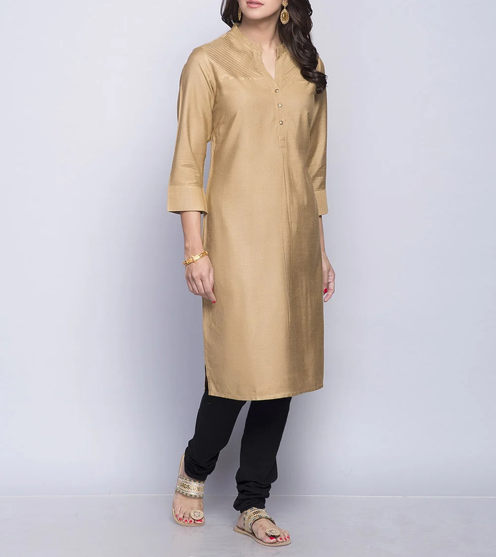 Beige Tussar Cotton Zari Stitch Yoke Mini Kurta For Girls - Buy Tussar ...