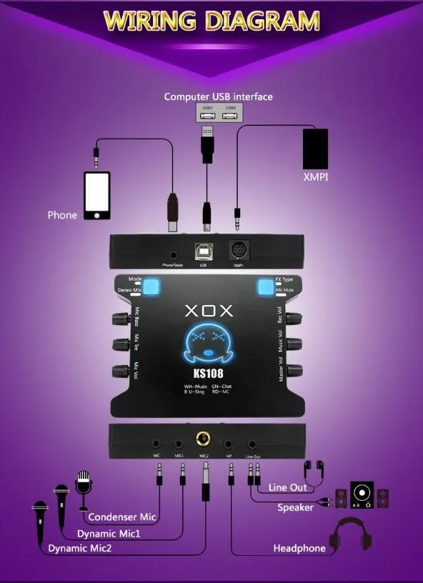 Mini 2 Channel XOX KS108 USB Mixer Audio interface for karaoke ...