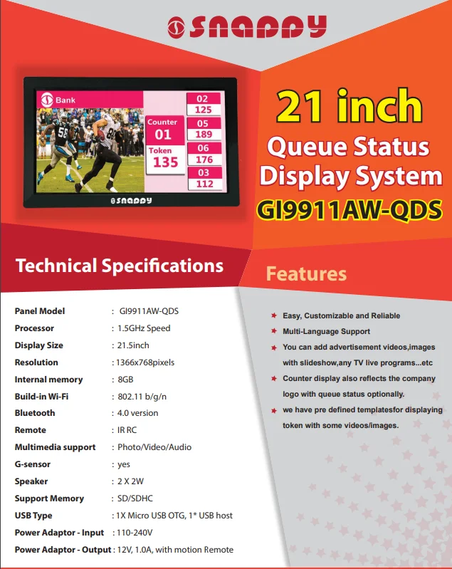 Snappy Queue Status Display System - 21.5 Inch Build-in Wifi