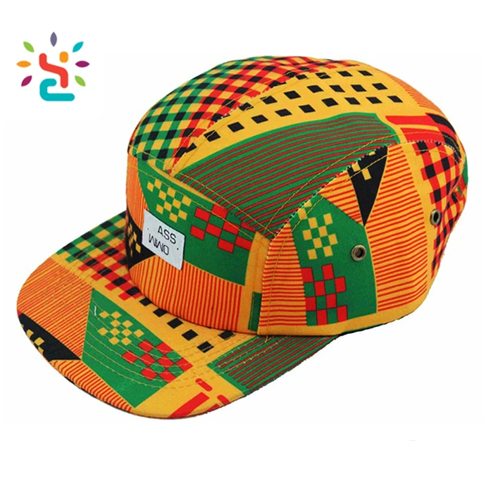 Leather Label African Print 5 Panel Hats Flip Brim Custom Embroidered ...