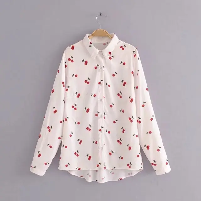 Women's Wild Style Cherry Print Custom Loose White Long-Sleeved Shirt Top