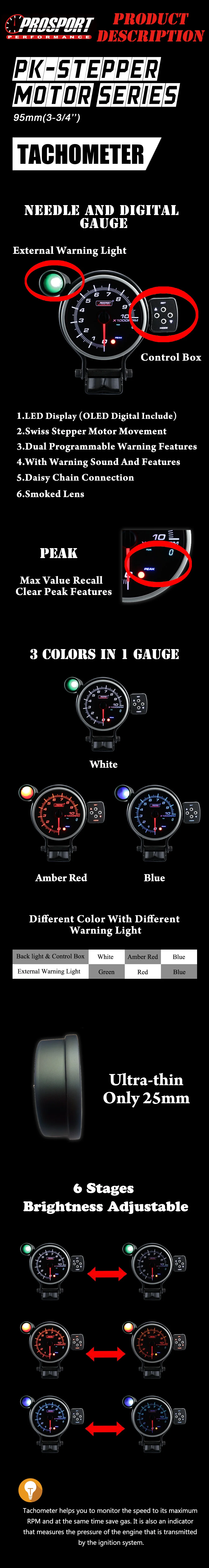 95mm Tacometro 3 Color OLED Analog RPM Meter Digital Tacho