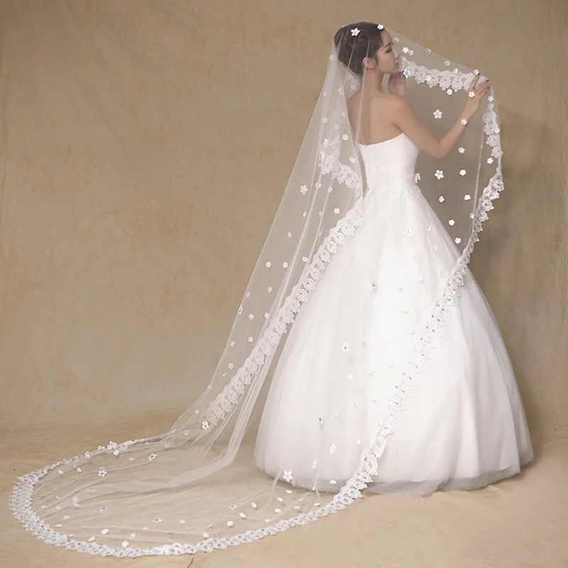2017 Wedding Accessories 3 M White Long Bridal Veils Beaded One Layer ...