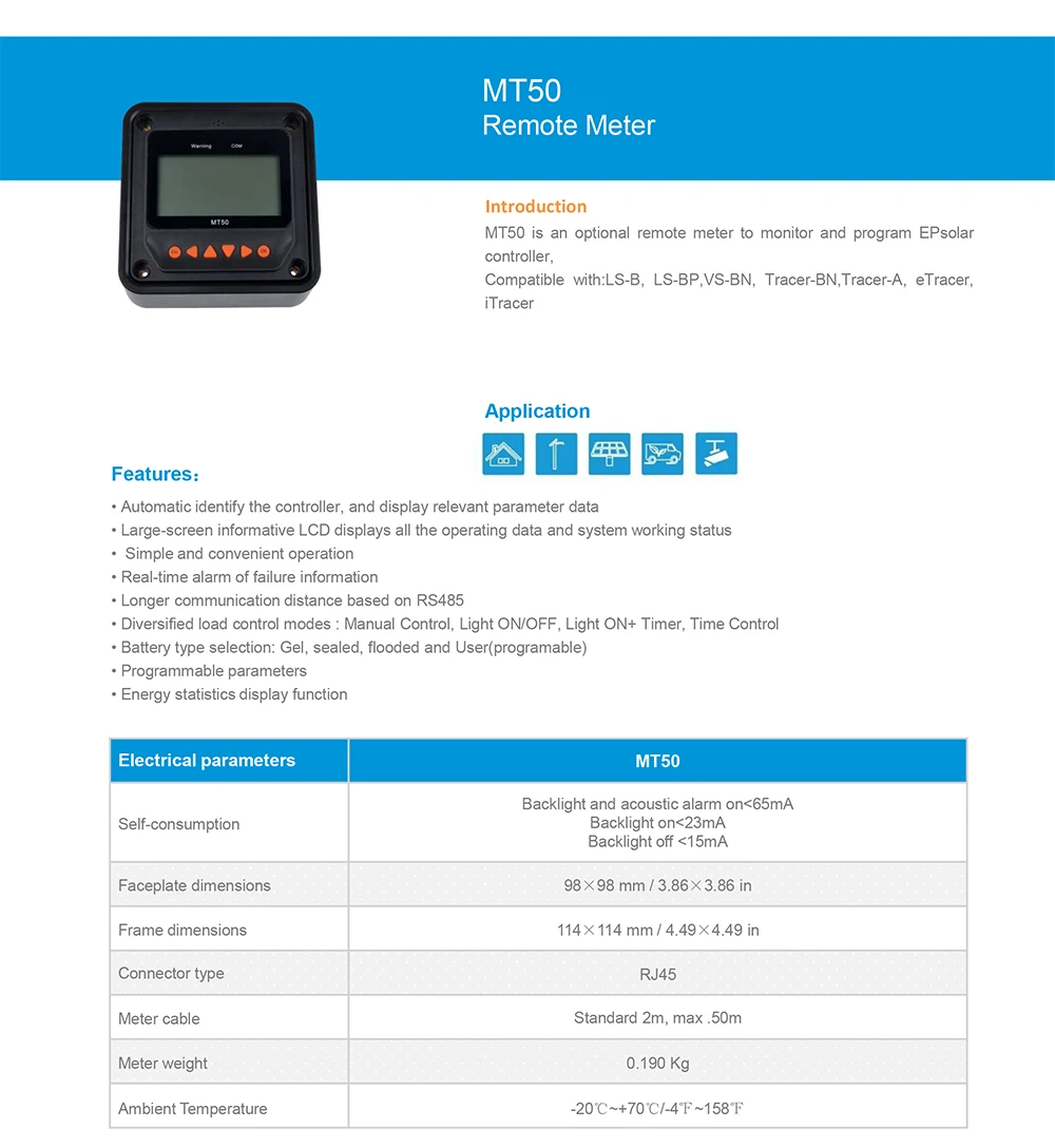 Epever Mt50 Remote Meter For Epever Series Pwm Mppt Solar Controller ...