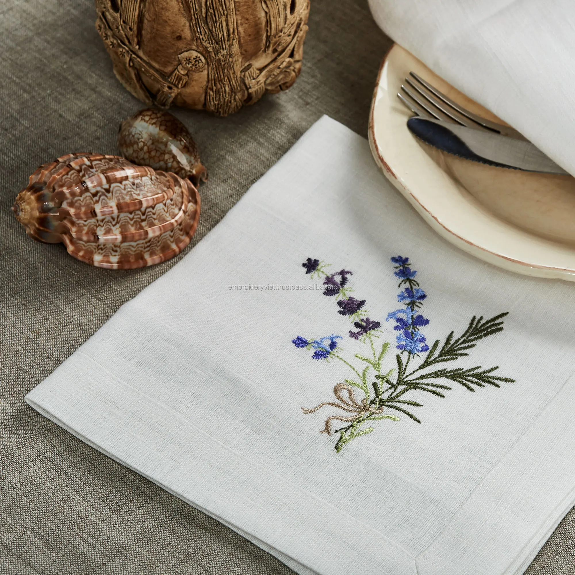100% Linen Hand Embroidery Lavender Pattern Tea Napkin