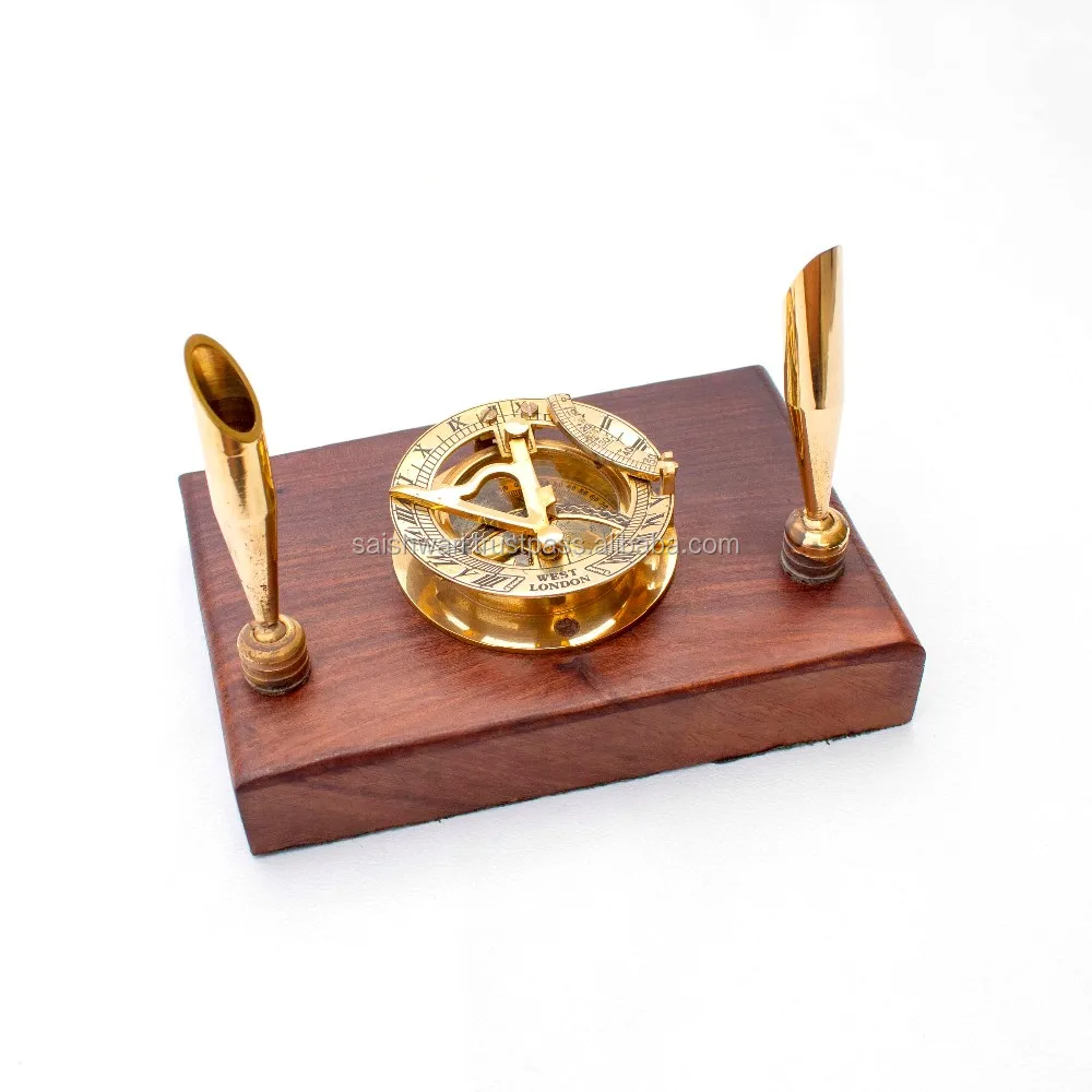 High Quality Nautical Marine Brass Wooden Base Sundial Compass Pen ...