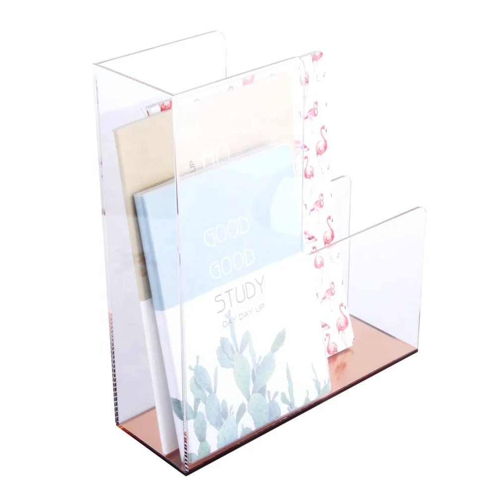 Custom Golden Base Office Acrylic Plexiglass Deskrop Magazine Holder ...