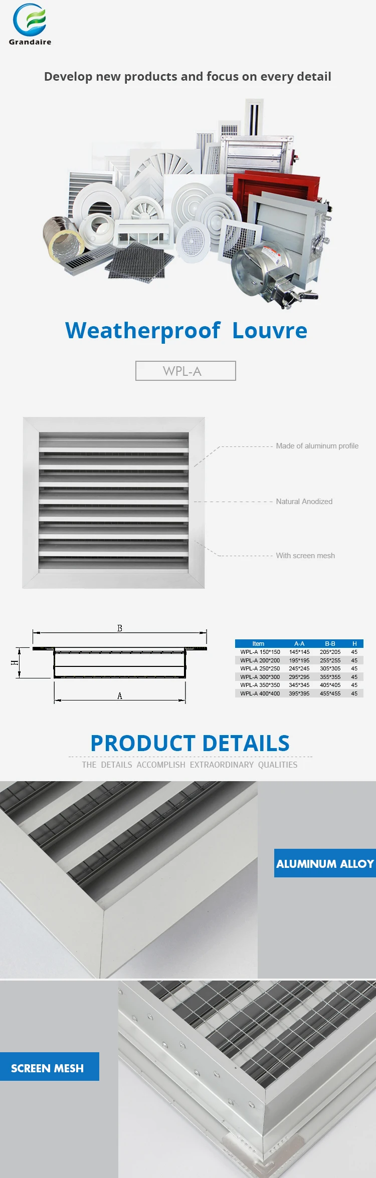 Hvac Aluminum Natural Anodized Ventilation Louvre with Bird Mesh