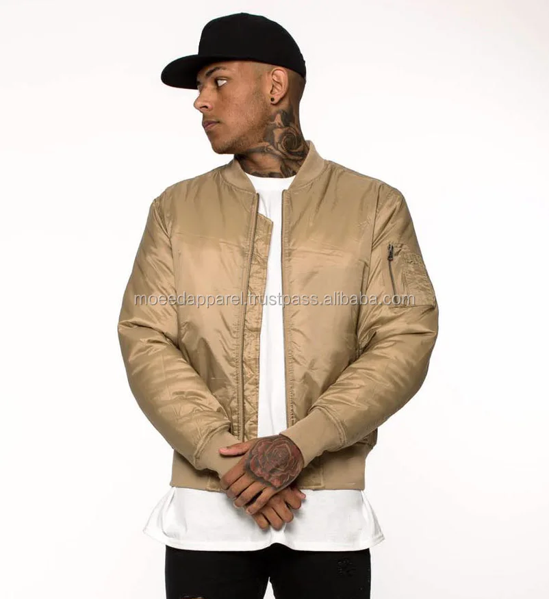 Smooth Nylon Outer Beige Bomber Jacket Padded With Black Quilted Satin ...