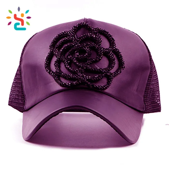 Mesh Purple Hat 3d Rope Flower Baseball Cap Leather Crown Bill Trucker ...