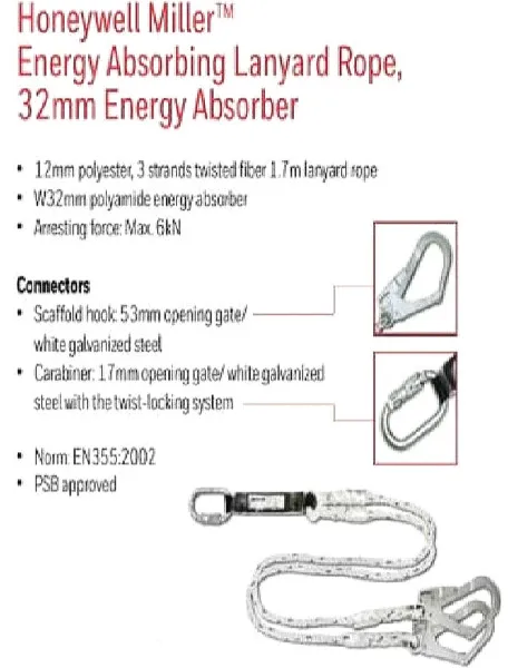 Honeywell Miller Full Body Hardness 1d Ring Mb9000 + Twin Rope Lanyard ...