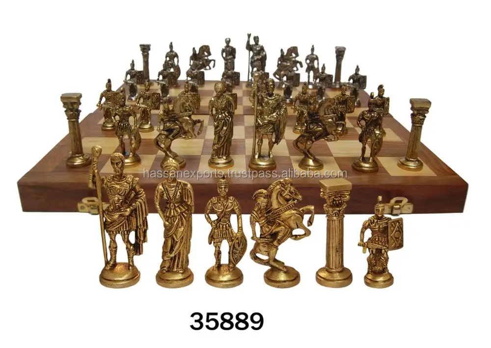 Antique Wooden Chess Board With Indian Brass Chess Pieces Set - Buy ...