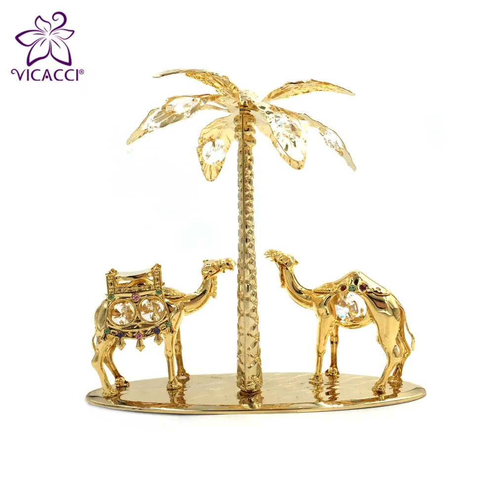 Gold Plated Camel with Palm Tree with Crystals for Home Decoration