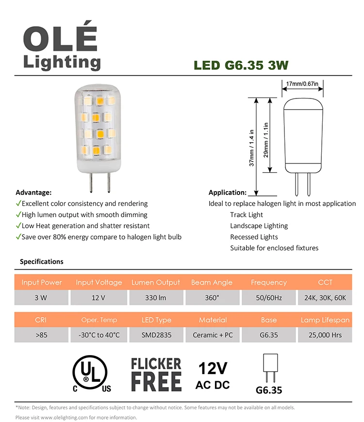 Ul Listed Led Smd 12v G6.35 3w Light Bulbs - Buy Ul Led G6.35 Light ...