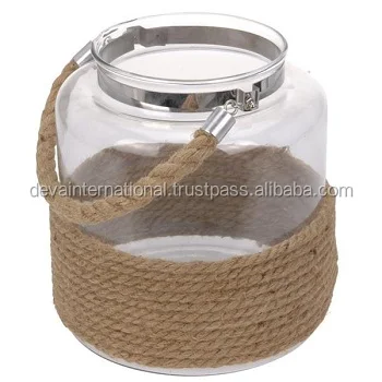 CLEAR GLASS CANDLE JAR WITH ROPE HANDLE - DEVA DECOR