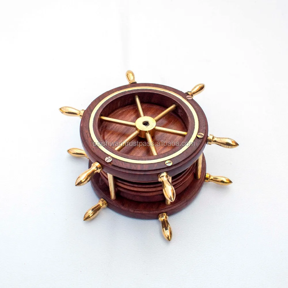 Brass Wooden Sailor Ship Wheel Coaster Set Home Table Office Supplies ...