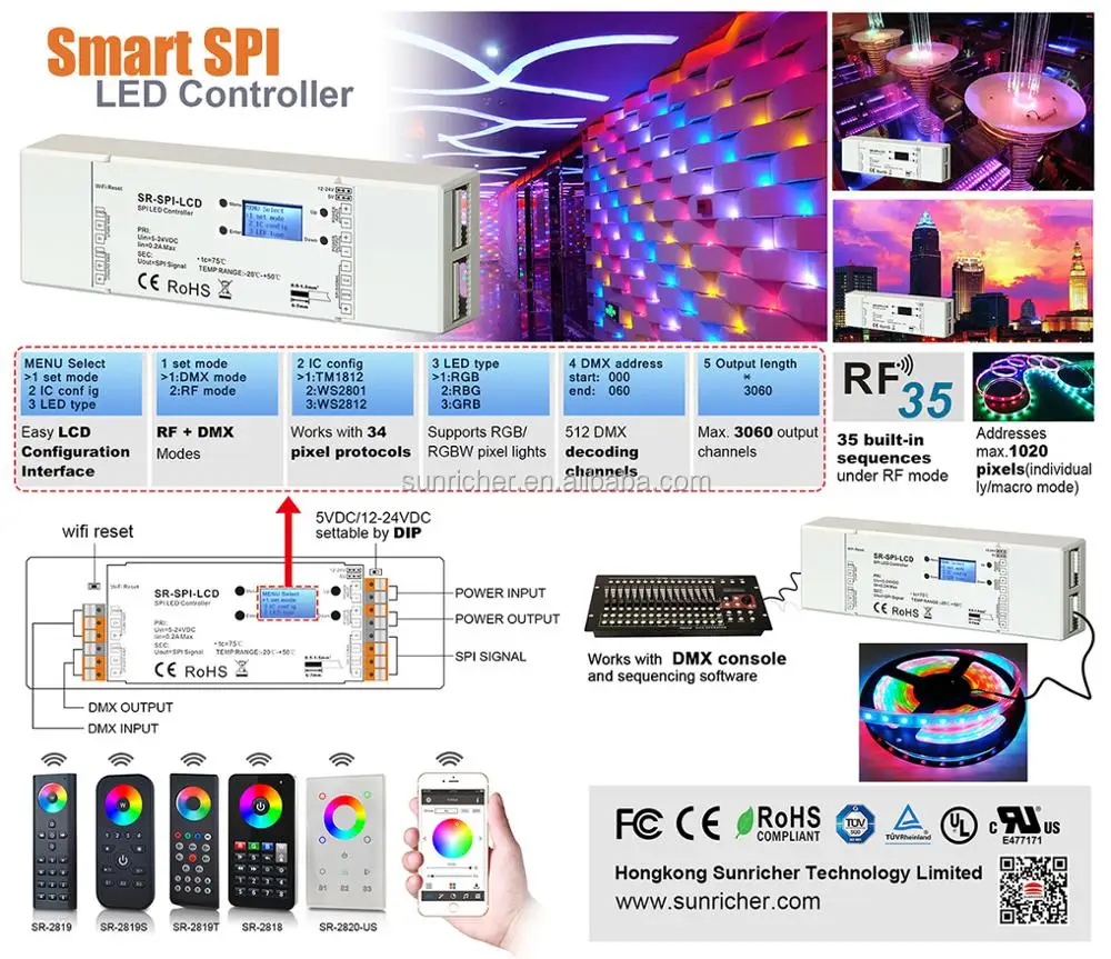 DMX to SPI Decoder - Sunricher SR-SPI-LCD for 1020 Pixels