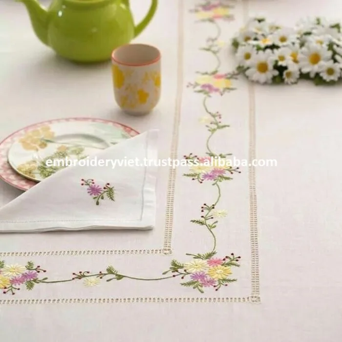 Hand Embroidery Round Designs White Tablecloth - 130x180cm