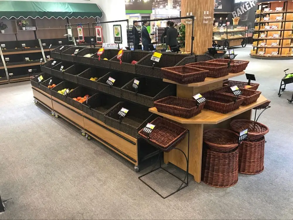 Supermarket Fruit Display Shelf Vegetable Display Rack With Pp Rattan ...