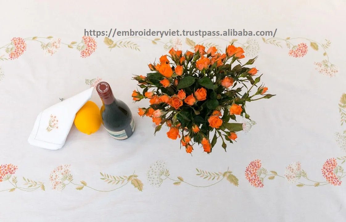 Hand Embroidery Round Designs White Tablecloth - 130x180cm