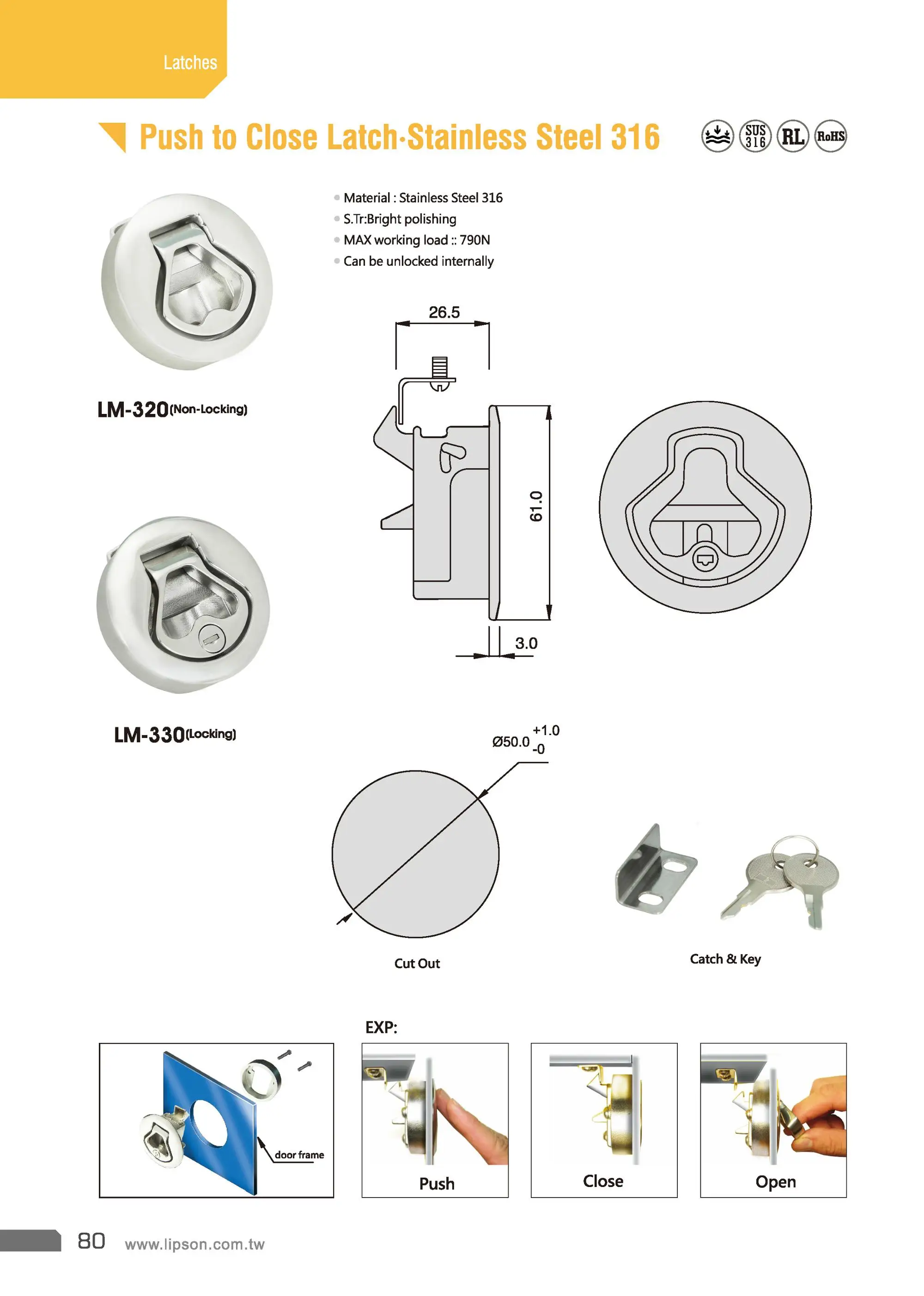Lipson LM-330 Stainless Steel Boat Door Marine Latch